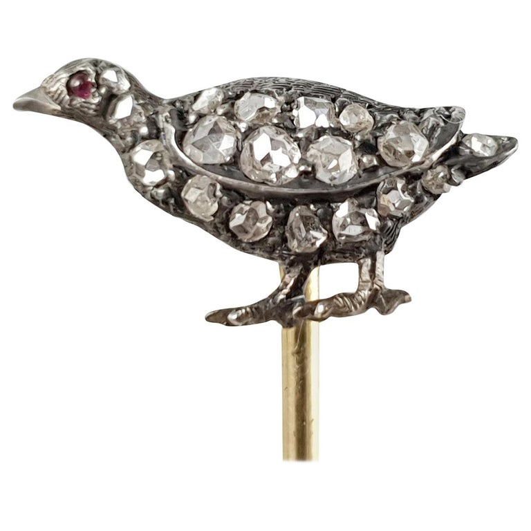 Victorian 9 Karat Gold, Silver, Diamond and Ruby Partridge Stick Pin ...