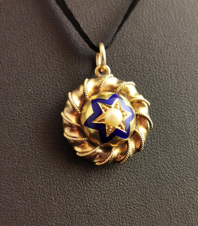 Victorian 9kt Gold, Blue Enamel and Split Pearl Star Locket, Pendant at ...