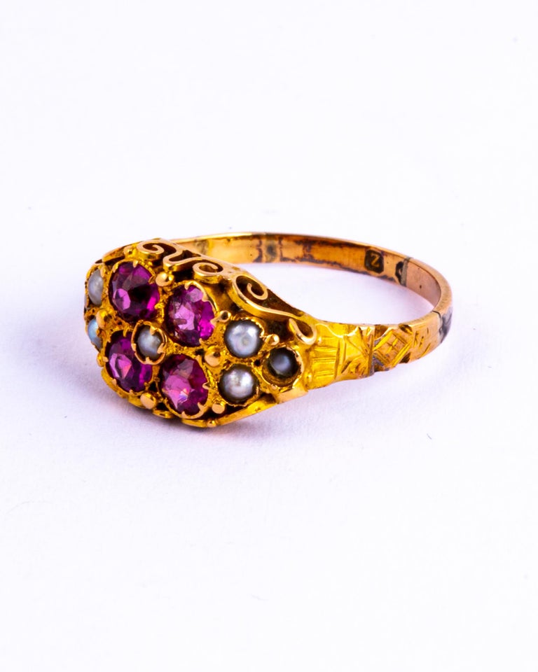 Victorian Almandine Garnet and Pearl 18 Carat Gold Ring at 1stDibs