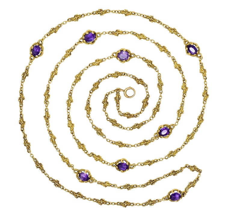 Victorian Amethyst 14 Karat Yellow Gold Scrolling Long Chain Necklace ...