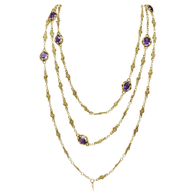 Victorian Amethyst 14 Karat Yellow Gold Scrolling Long Chain Necklace ...
