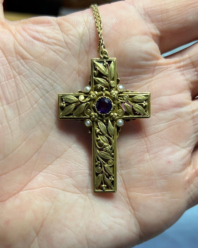Victorian Amethyst and Natural Pearl Floral Cross Pendant and Chain ...