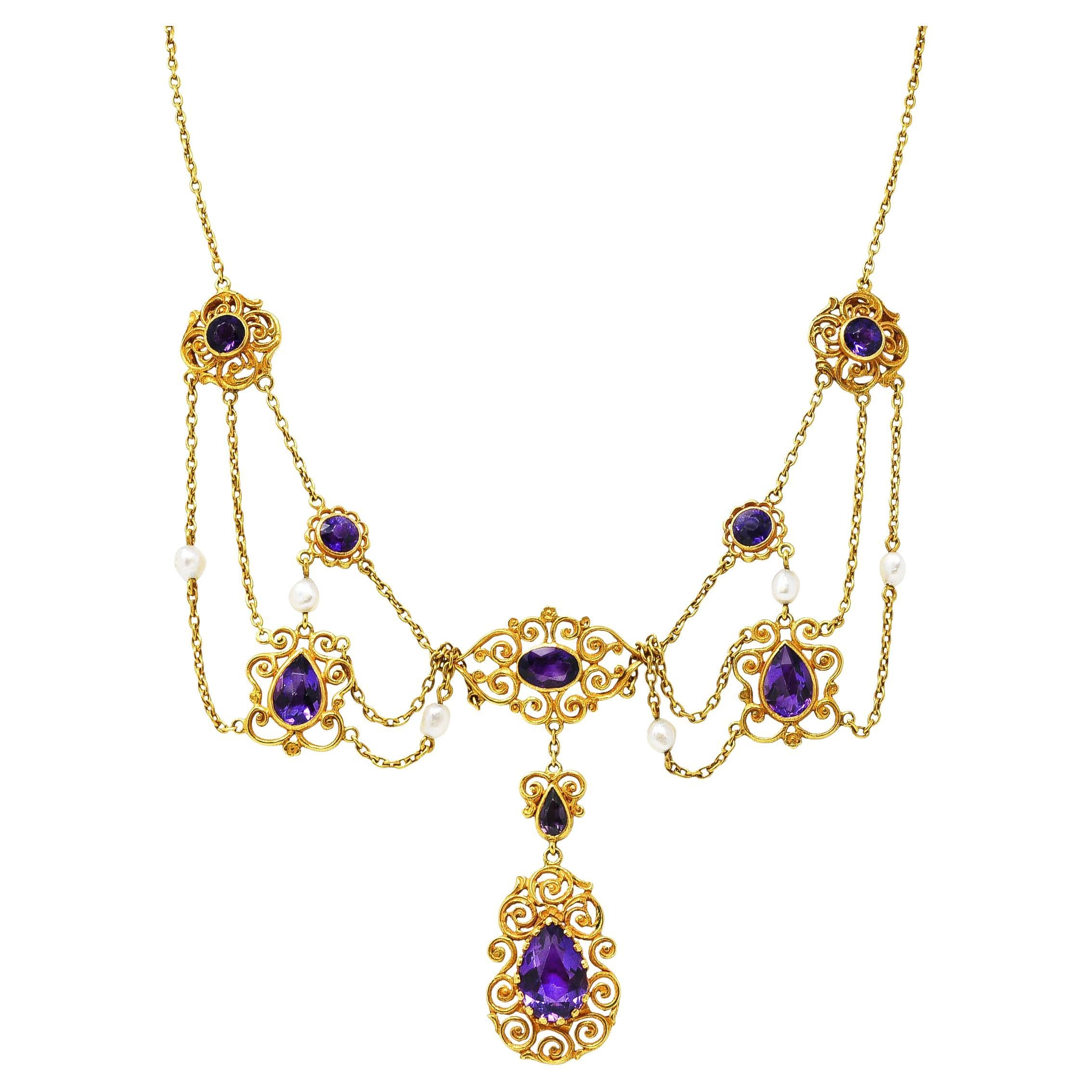 Antique Victorian Necklace with Natural Pearls and Sapphire in 15 Karat ...