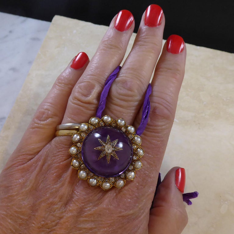 Victorian Antique Large Cabochon Amethyst, Diamond and Pearl Pendant ...