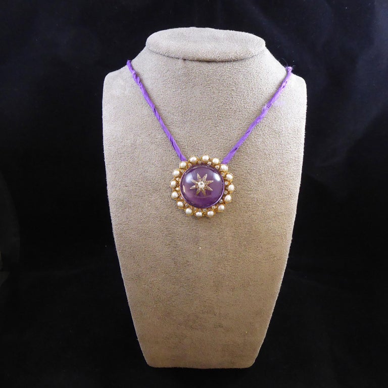 Victorian Antique Large Cabochon Amethyst, Diamond and Pearl Pendant ...