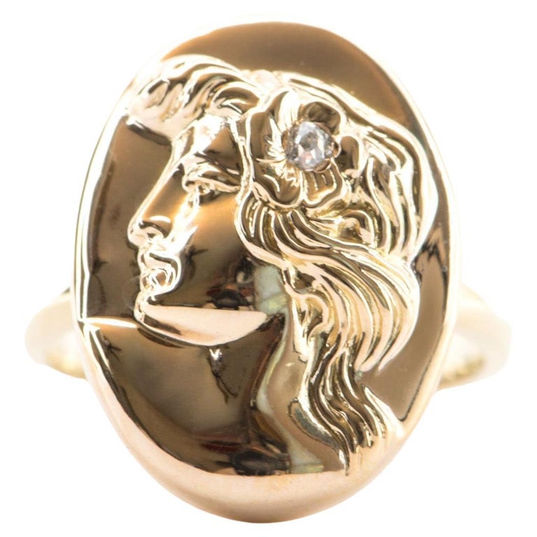 Victorian Art Nouveau Woman Face Diamond Repousse Ring 14K Yellow Gold ...
