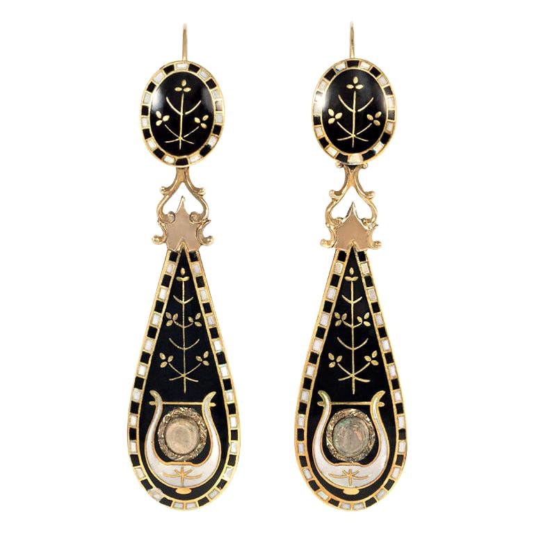 Victorian Striped Black Enamel Earring Coach Covers at 1stDibs