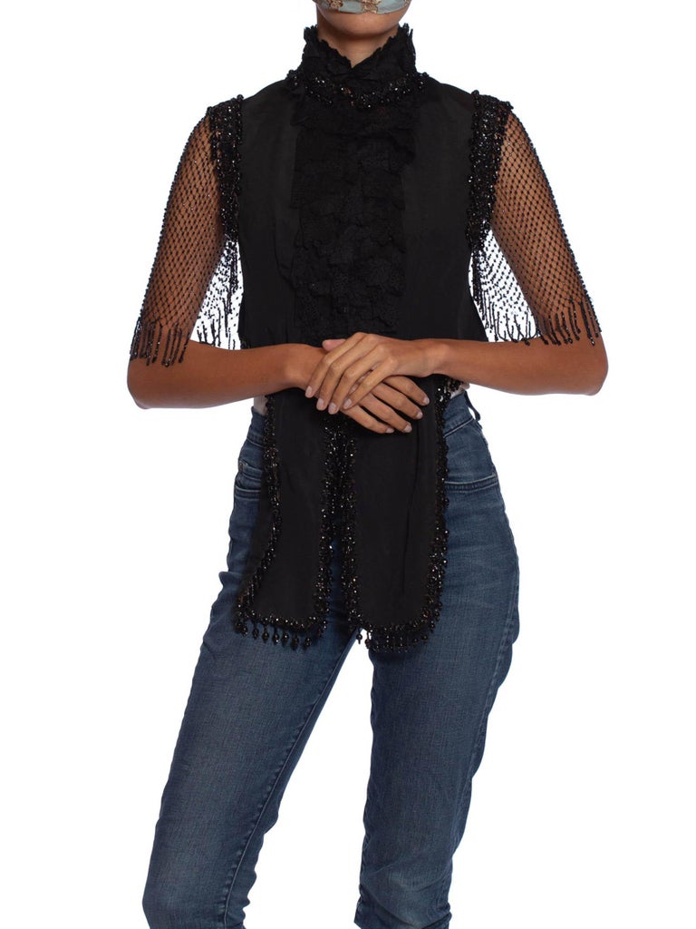 Victorian Black Hand Beaded Silk Net Fringed Mantle Cape For Sale at ...
