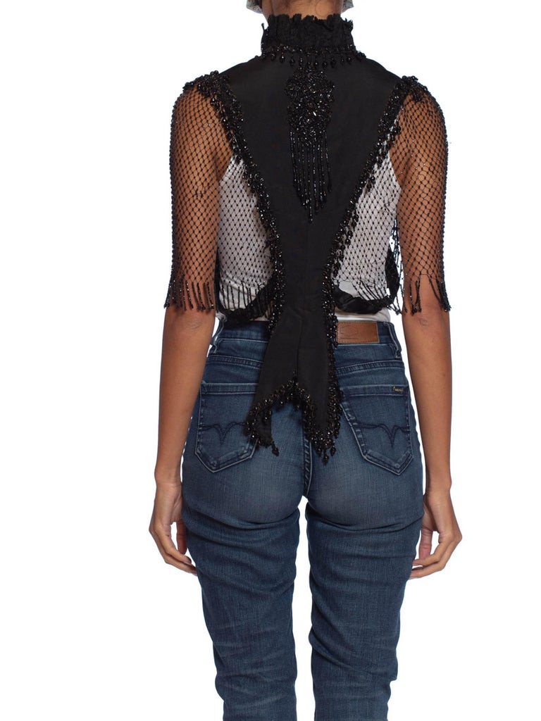 Victorian Black Hand Beaded Silk Net Fringed Mantle Cape For Sale at ...