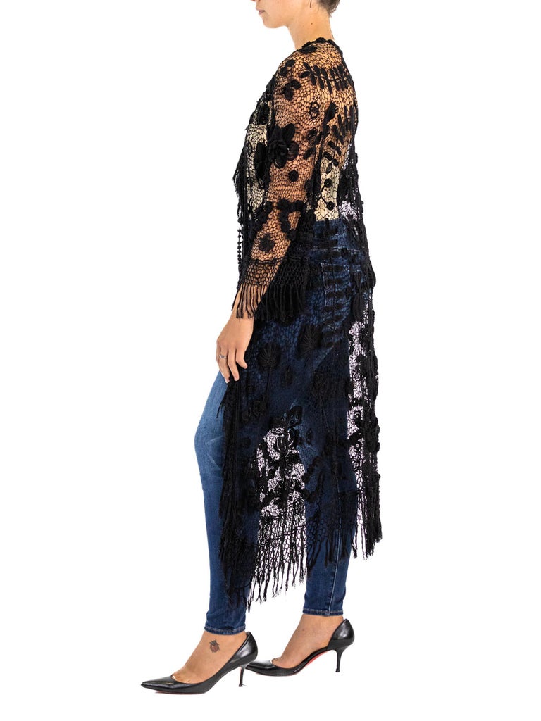 Victorian Black Hand Crochet Linen and Cotton Antique Lace Long Duster ...
