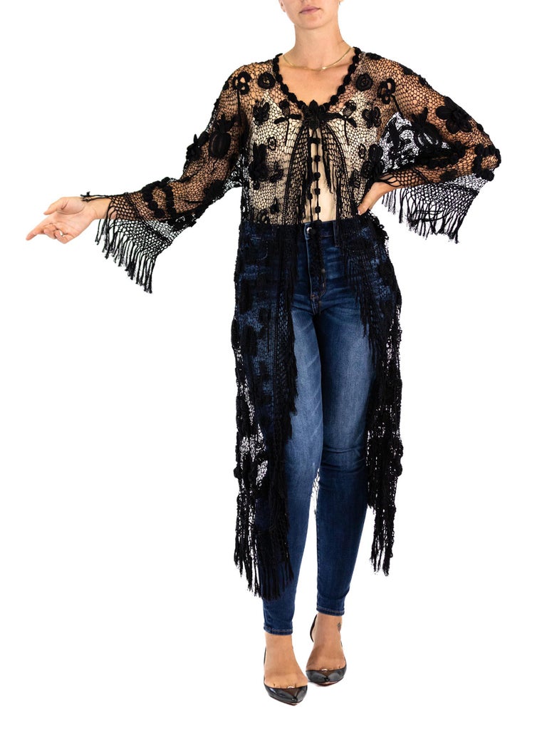 Victorian Black Hand Crochet Linen and Cotton Antique Lace Long Duster ...