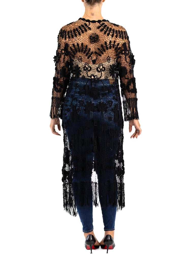 Victorian Black Hand Crochet Linen and Cotton Antique Lace Long Duster ...