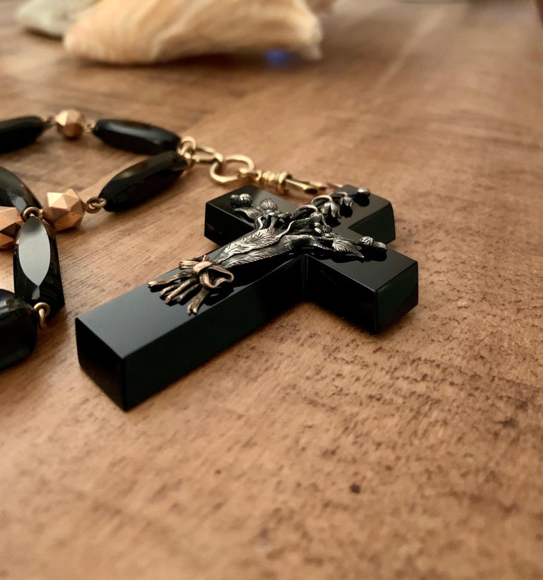 Victorian Black Onyx Cross with Silver Design and 14 Karat Gold and ...