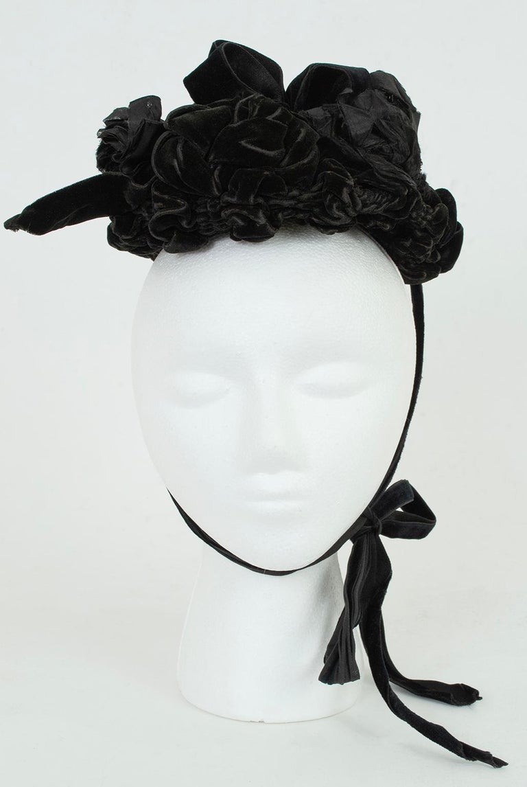 Victorian Black Velvet and Silk Rose Mourning Bonnet w Velvet Ties - O ...