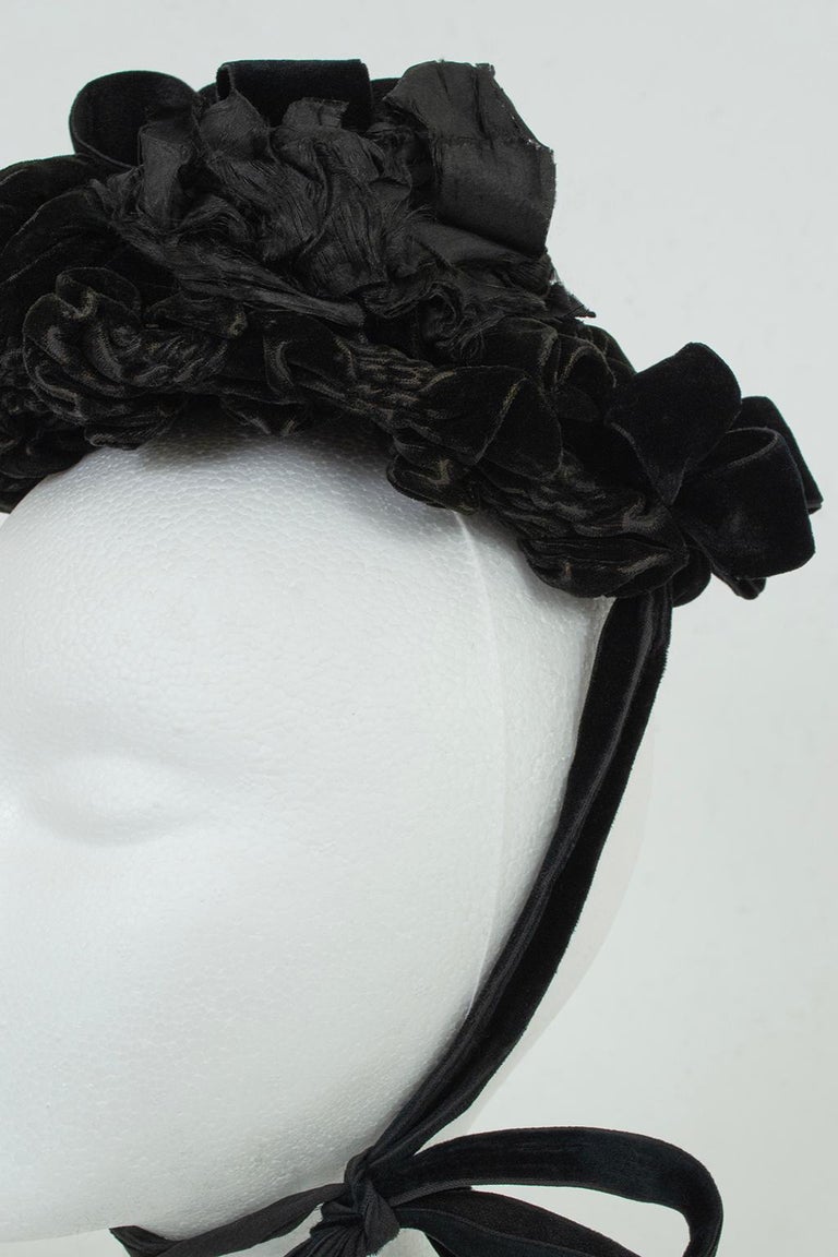 Victorian Black Velvet and Silk Rose Mourning Bonnet w Velvet Ties - O ...