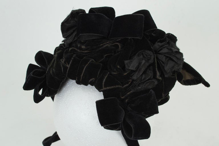 Victorian Black Velvet and Silk Rose Mourning Bonnet w Velvet Ties - O ...