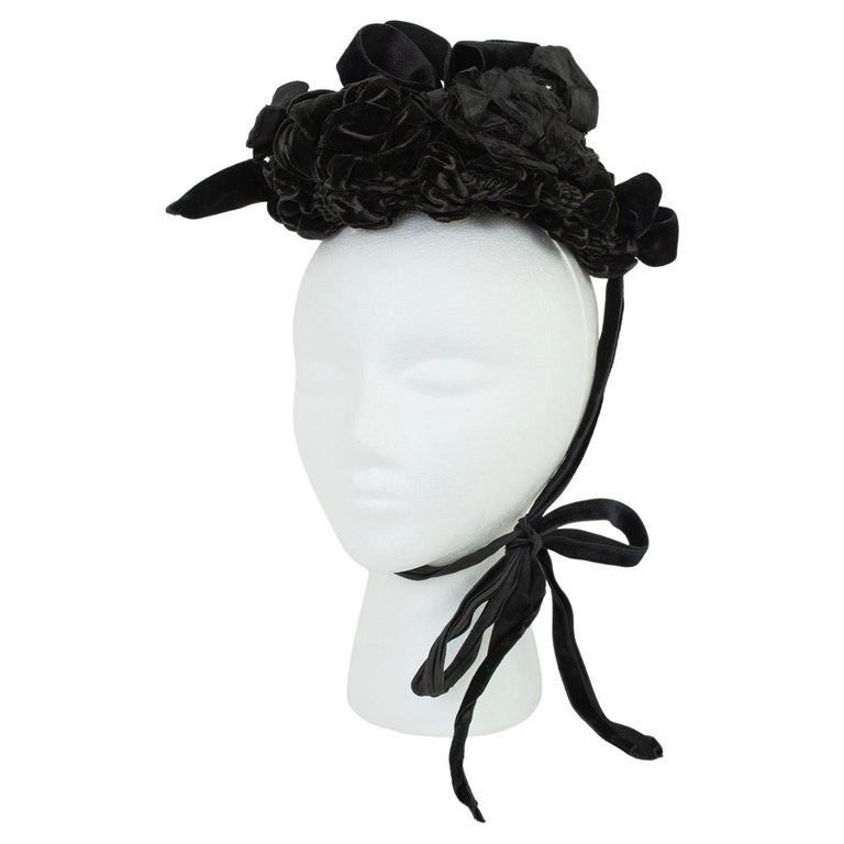 Victorian Black Velvet and Silk Rose Mourning Bonnet w Velvet Ties - O ...