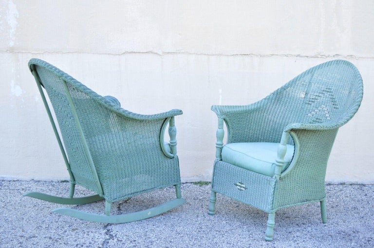 Victorian Blue Green Woven Wicker Sunroom Sofa Rocking Chair Lounge ...