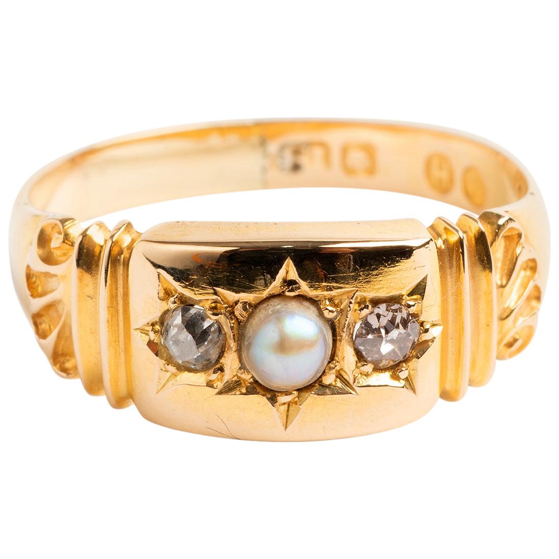 Victorian Boat Shaped Ring, with Seed Pearl and Diamonds, HM Sheffield ...
