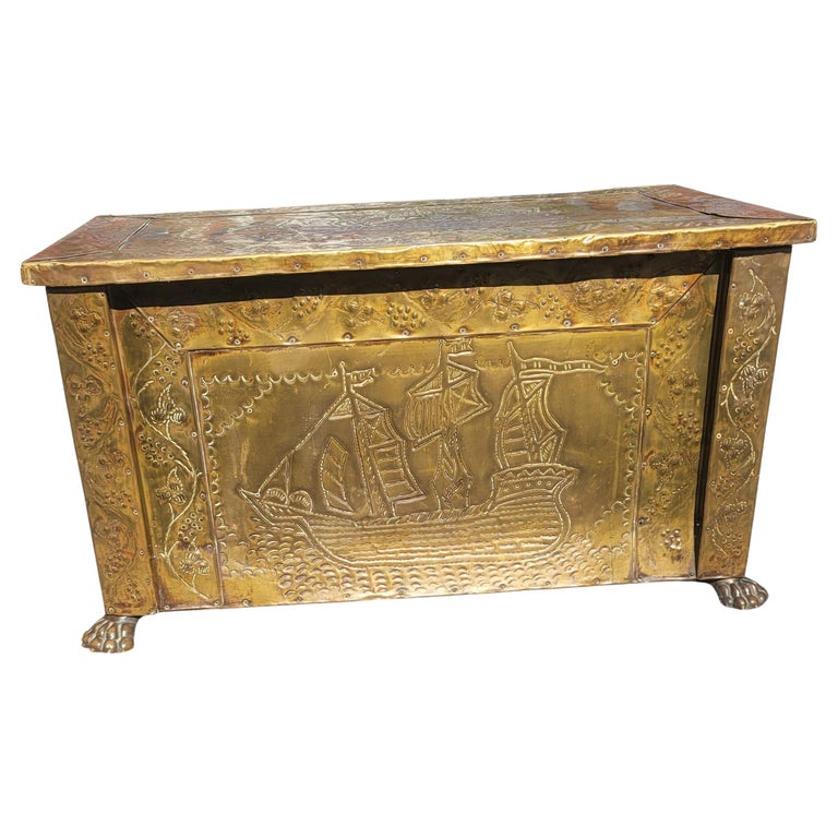 Victorian Brass and Copper Ornate Coal and Fire Logs Chest w. Paw Feet ...