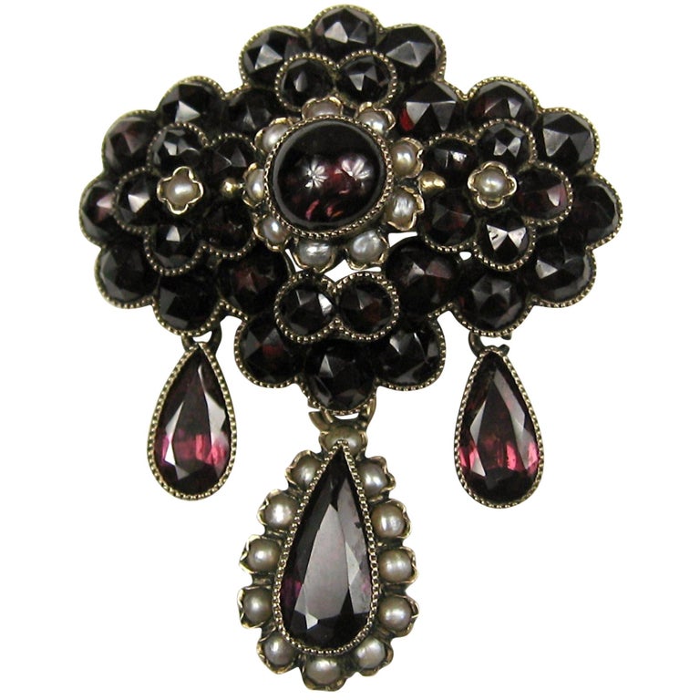 Victorian Brooch Gold Rose Cut Bohemian Garnet Pearl Teardrop Pin For ...