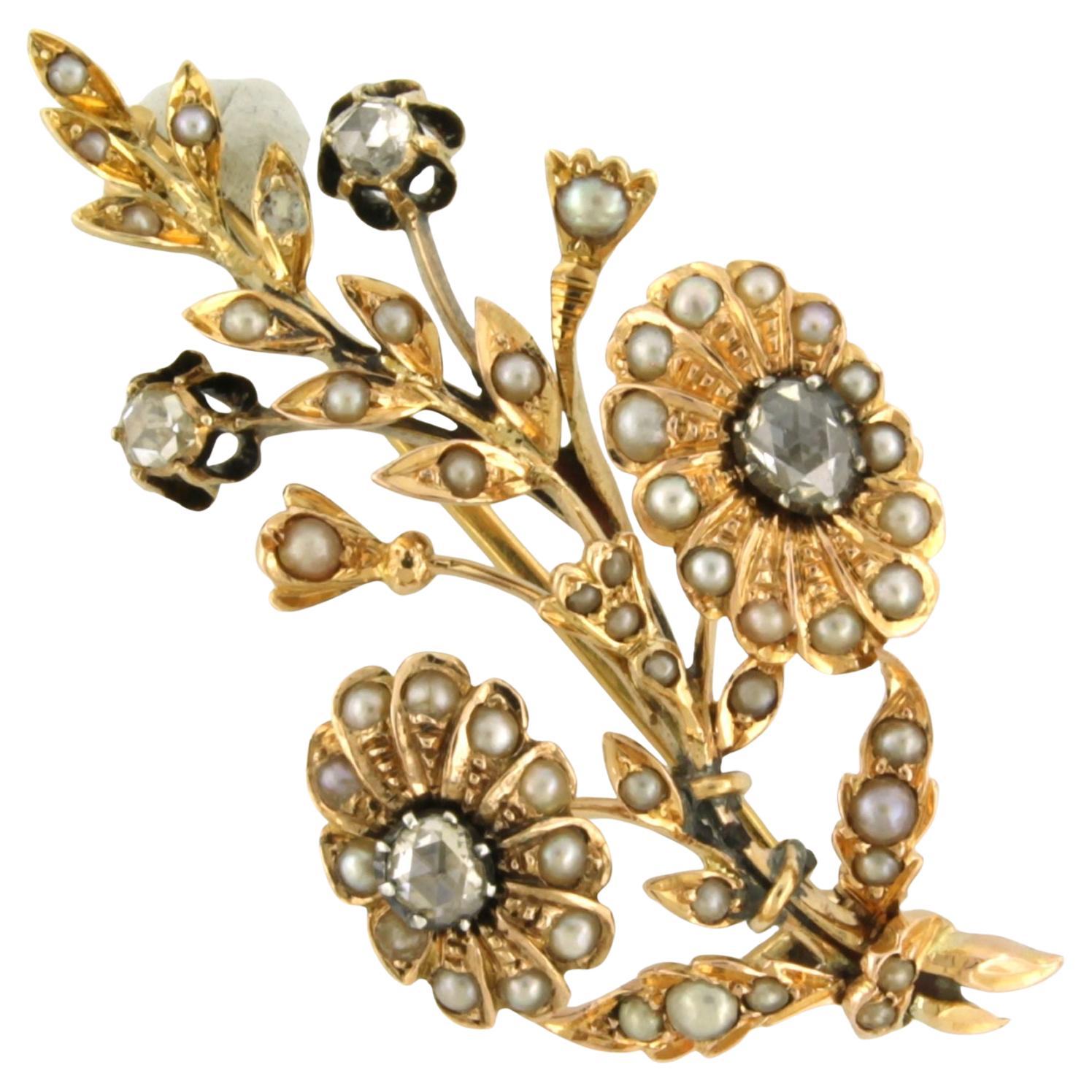 Victorian brooch with pearls and rose cut diamonds up to 0.20ct 14k ...