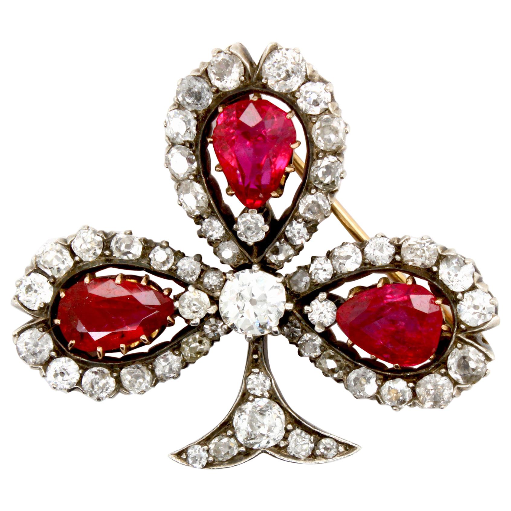 Victorian Burmese Ruby and Diamond Clover Brooch, circa 1880s at 1stDibs