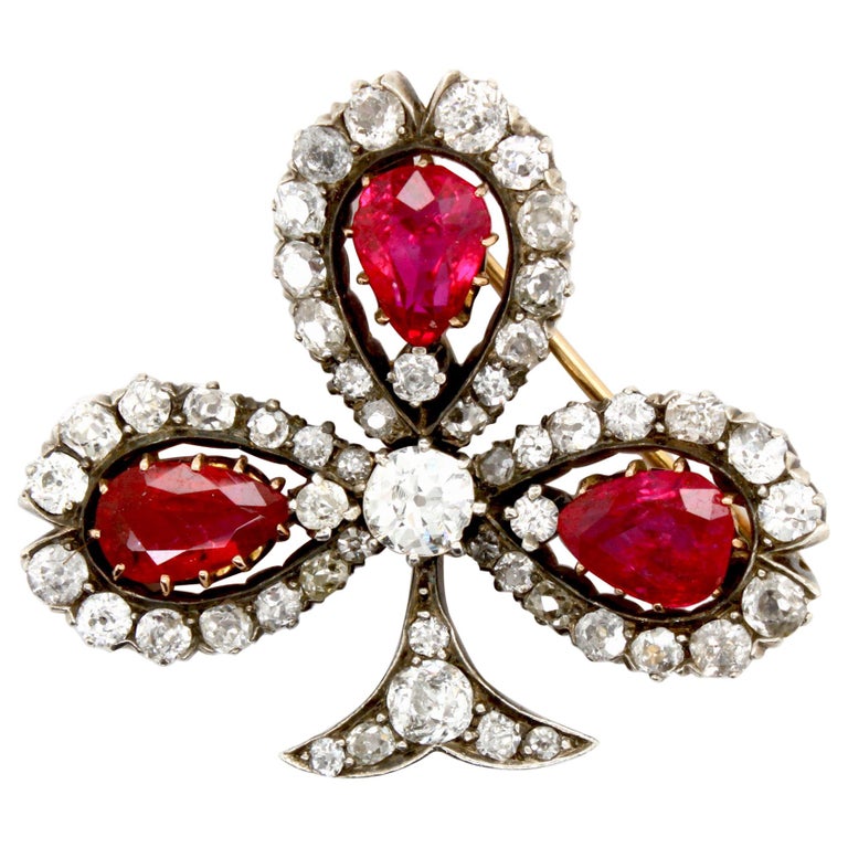 Victorian Burmese Ruby and Diamond Clover Brooch, circa 1880s at 1stDibs