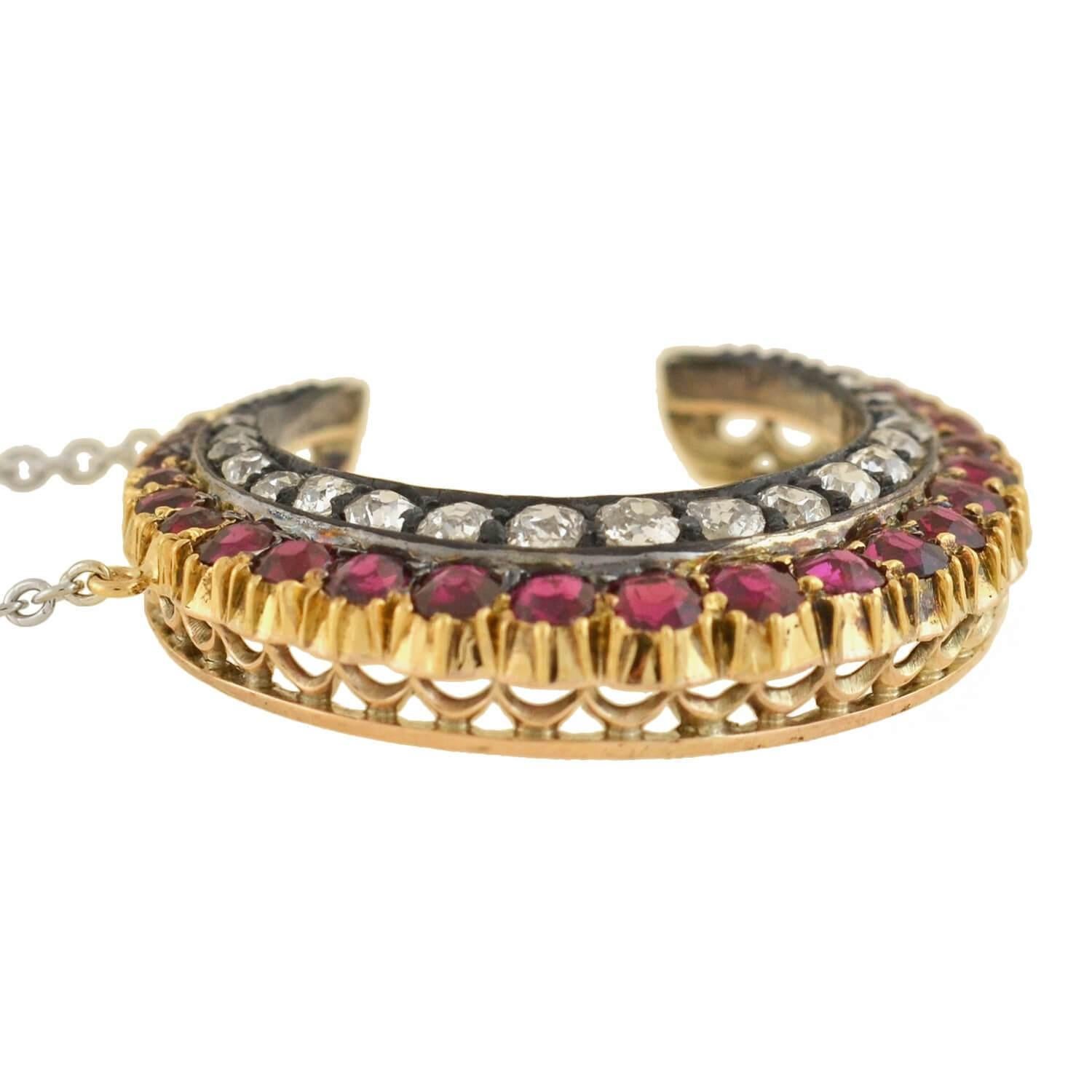 Victorian Burmese Ruby and Diamond Crescent Pendant Necklace at 1stDibs