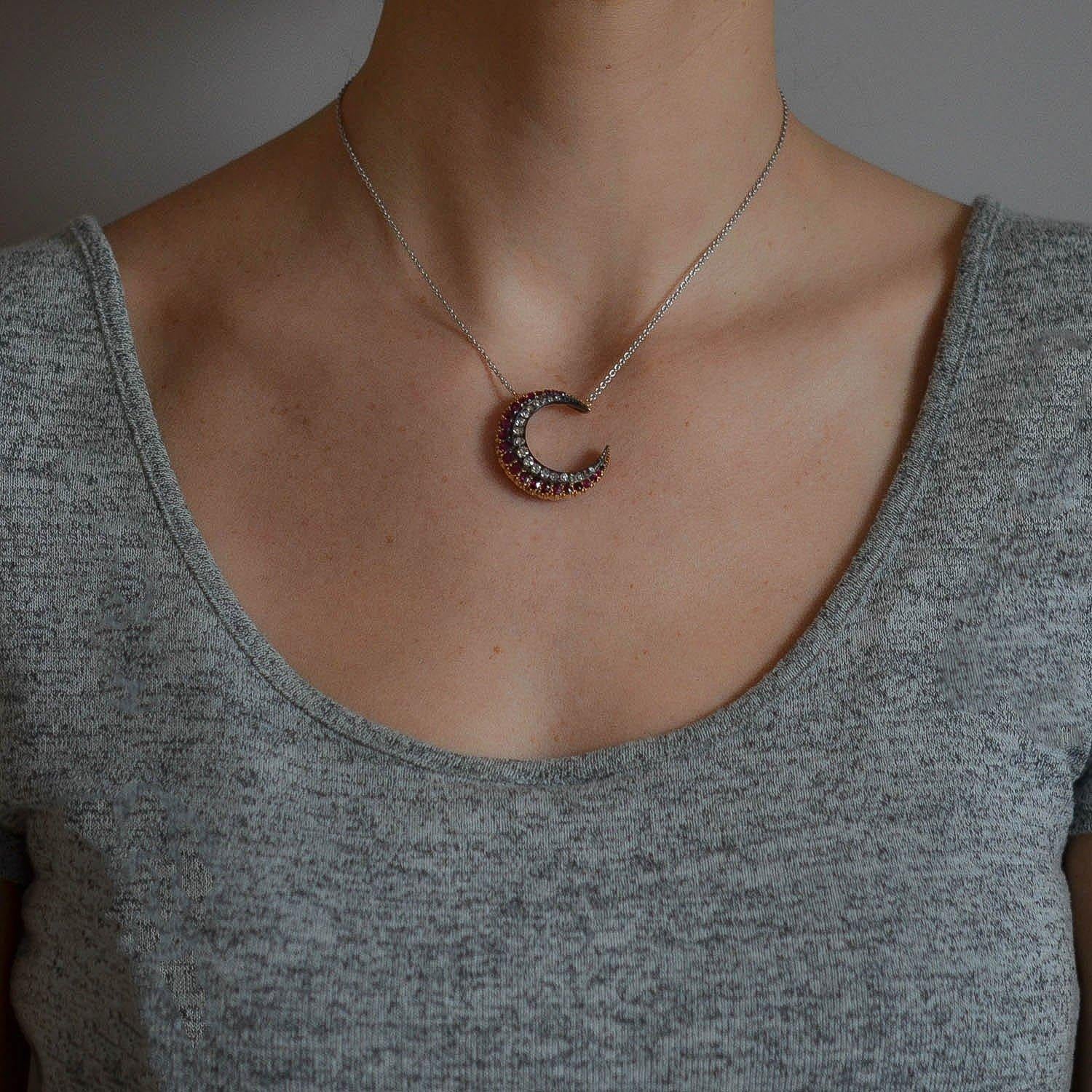 Victorian Burmese Ruby and Diamond Crescent Pendant Necklace at 1stDibs