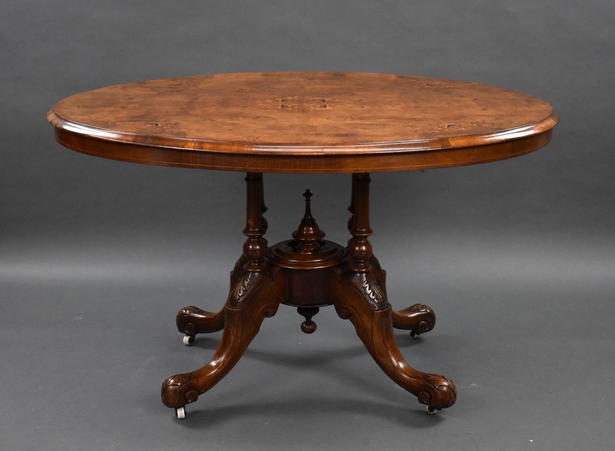 Victorian Burr Walnut Inlaid Oval Loo Table For Sale at 1stDibs