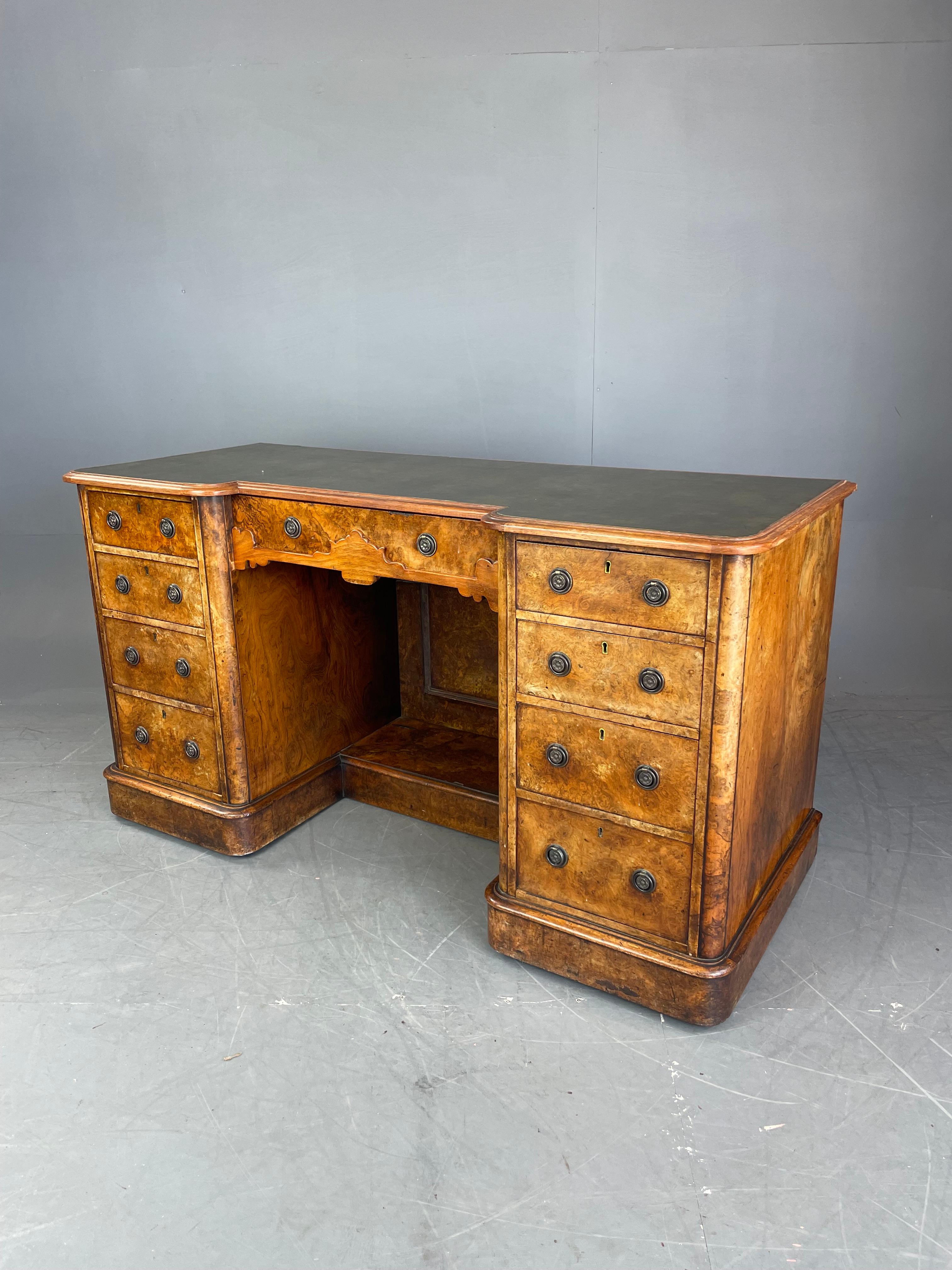 Victorian Burr Walnut Pedestal Desk For Sale at 1stDibs