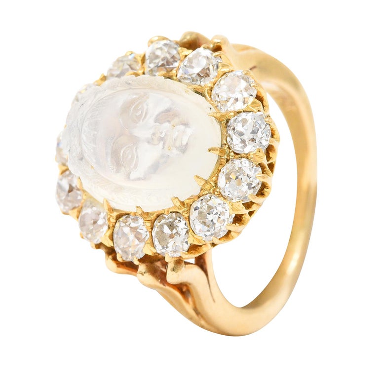 Victorian Carved Moonstone Cabochon Old European Cut Diamond Antique ...