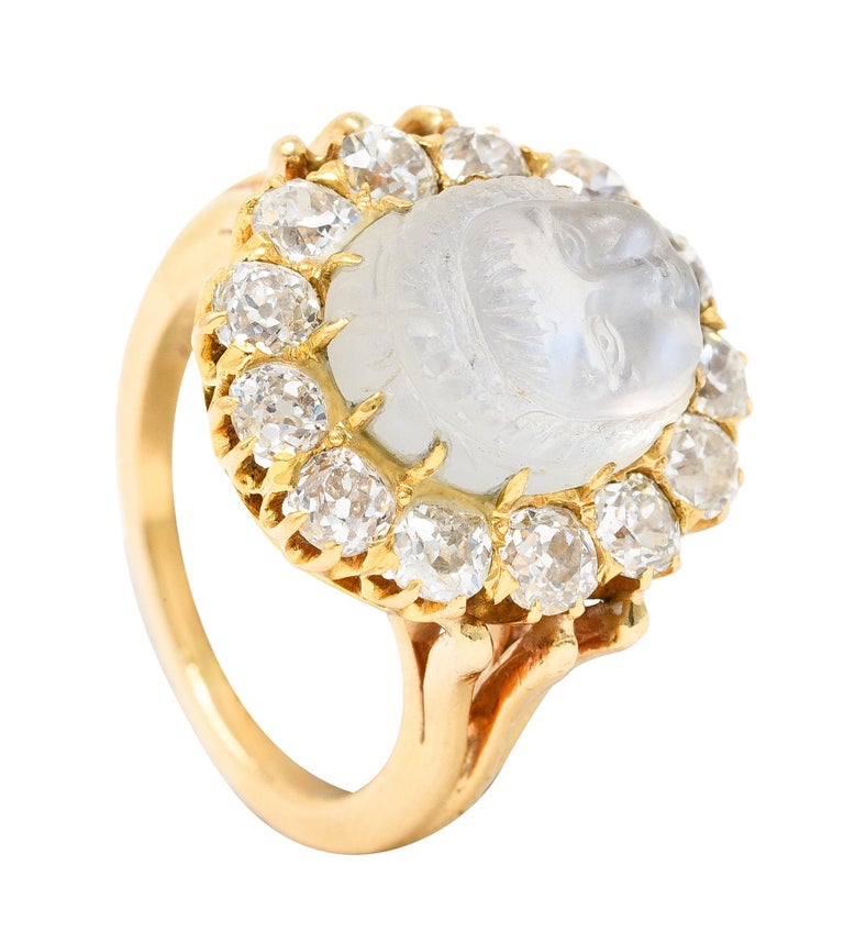 Victorian Carved Moonstone Cabochon Old European Cut Diamond Antique ...