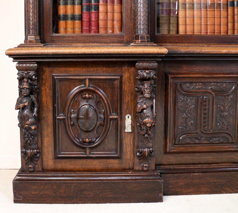 Victorian Carved Oak Elizabethan Revival Breakfront Bookcase by Wylie ...