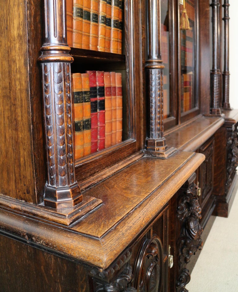 Victorian Carved Oak Elizabethan Revival Breakfront Bookcase by Wylie ...