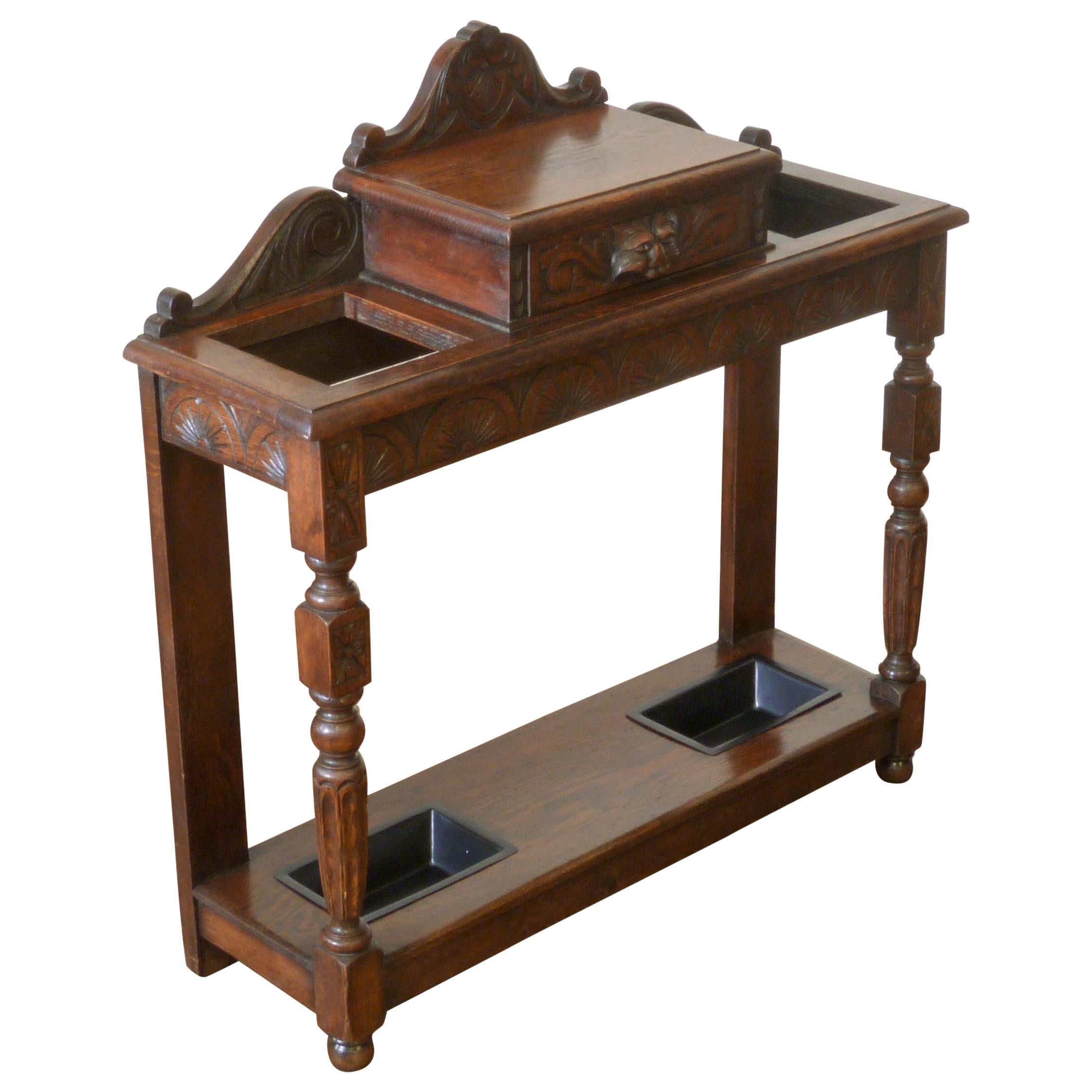 Antique Quartersawn Oak Victorian Carved Hall Tree Seated Bench Beveled ...