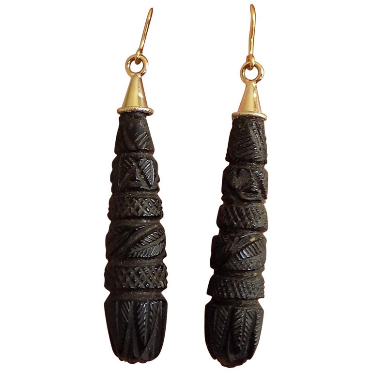 Victorian Carved Whitby Jet Drop Earrings at 1stDibs