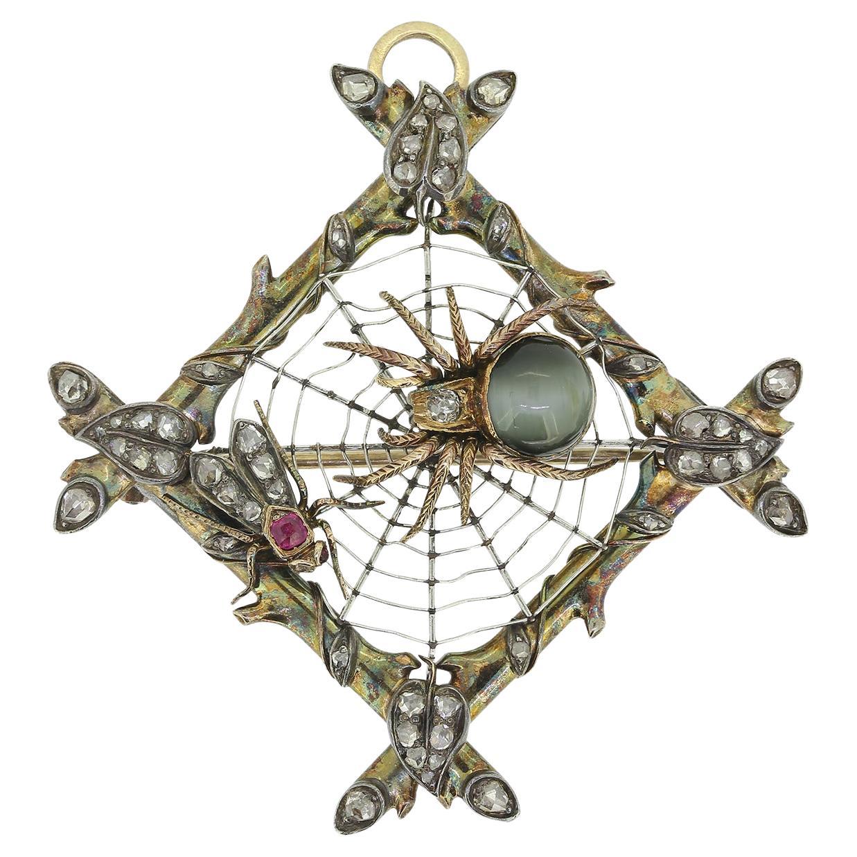Victorian Cat's Eye Ruby and Diamond Spider Web Brooch For Sale at 1stDibs