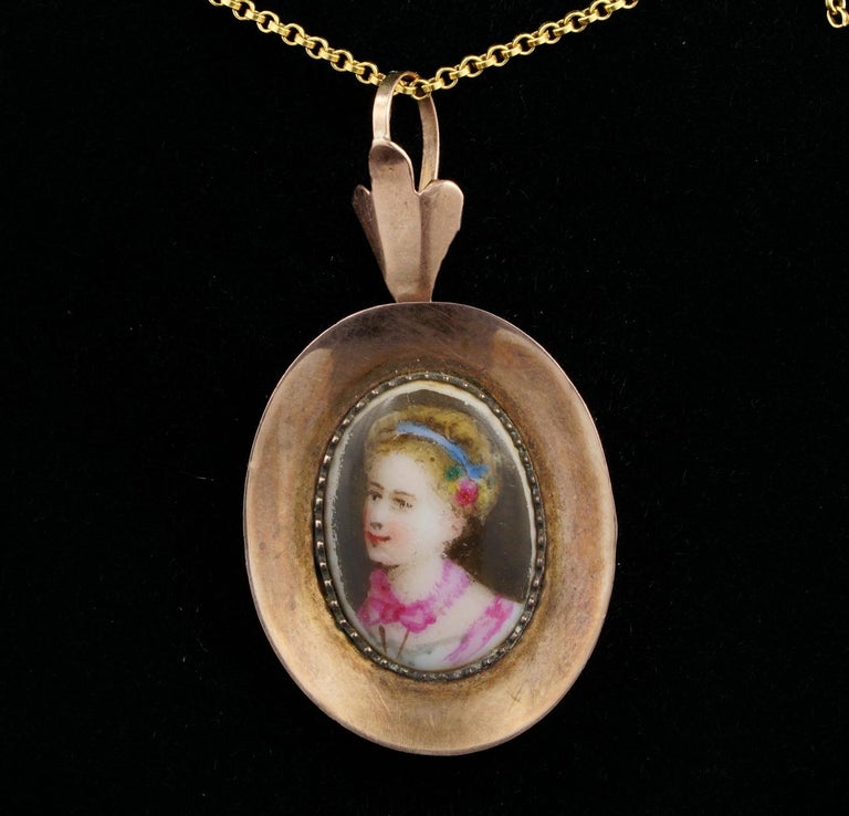 Victorian Charming Painted Portrait Miniature 14 Karat Rose Gold ...