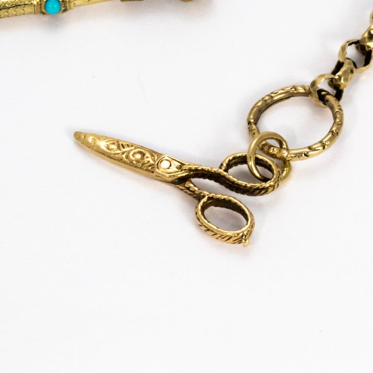 Victorian Chatelaine Chain with Turquoise and 9 Carat Gold at 1stDibs