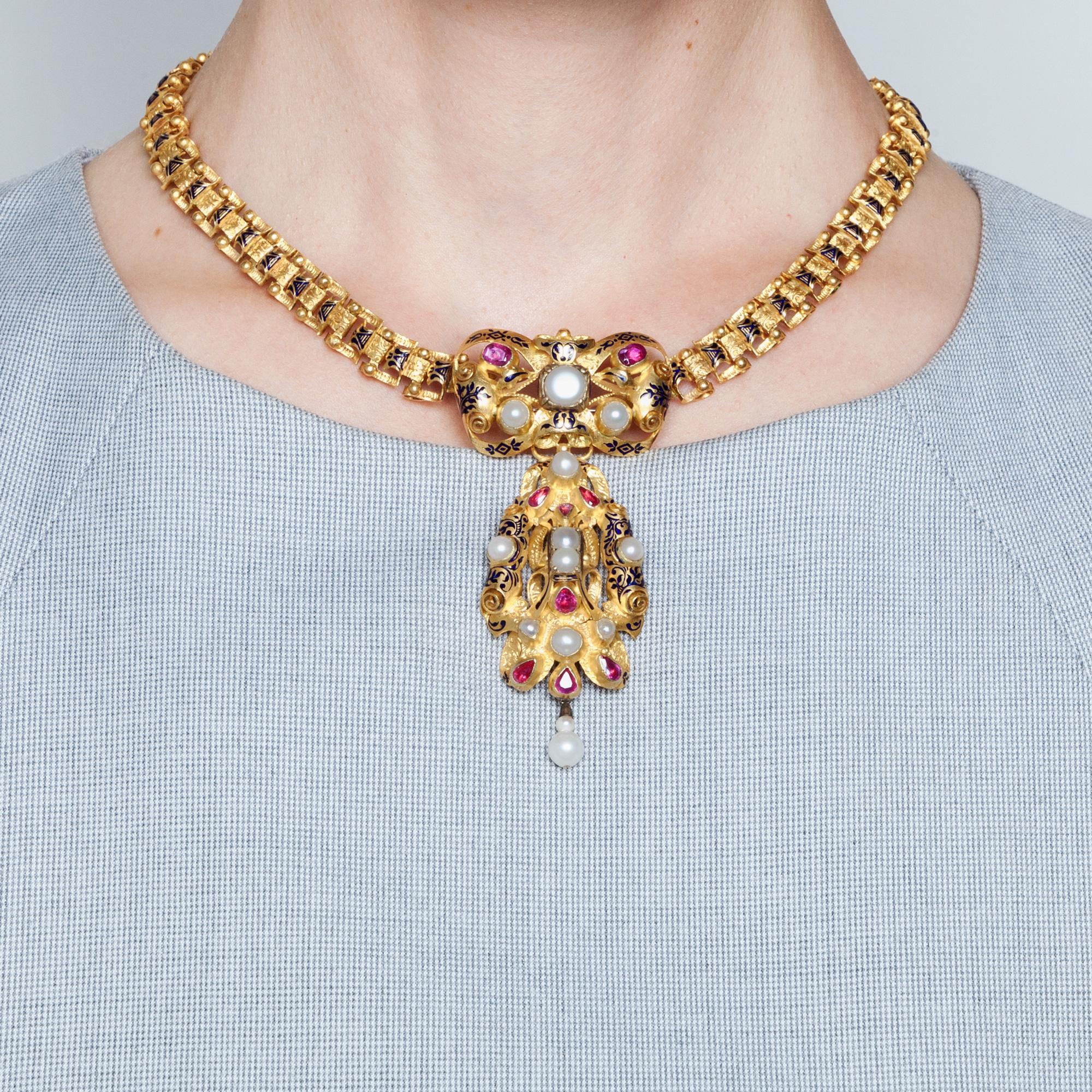 Victorian circa 1845, Parure Set of Ruby Pearl Gold Earrings Necklace ...