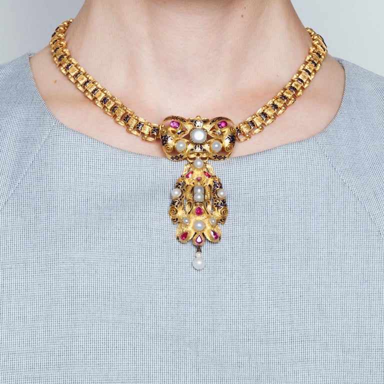 Victorian circa 1845, Parure Set of Ruby Pearl Gold Earrings Necklace ...