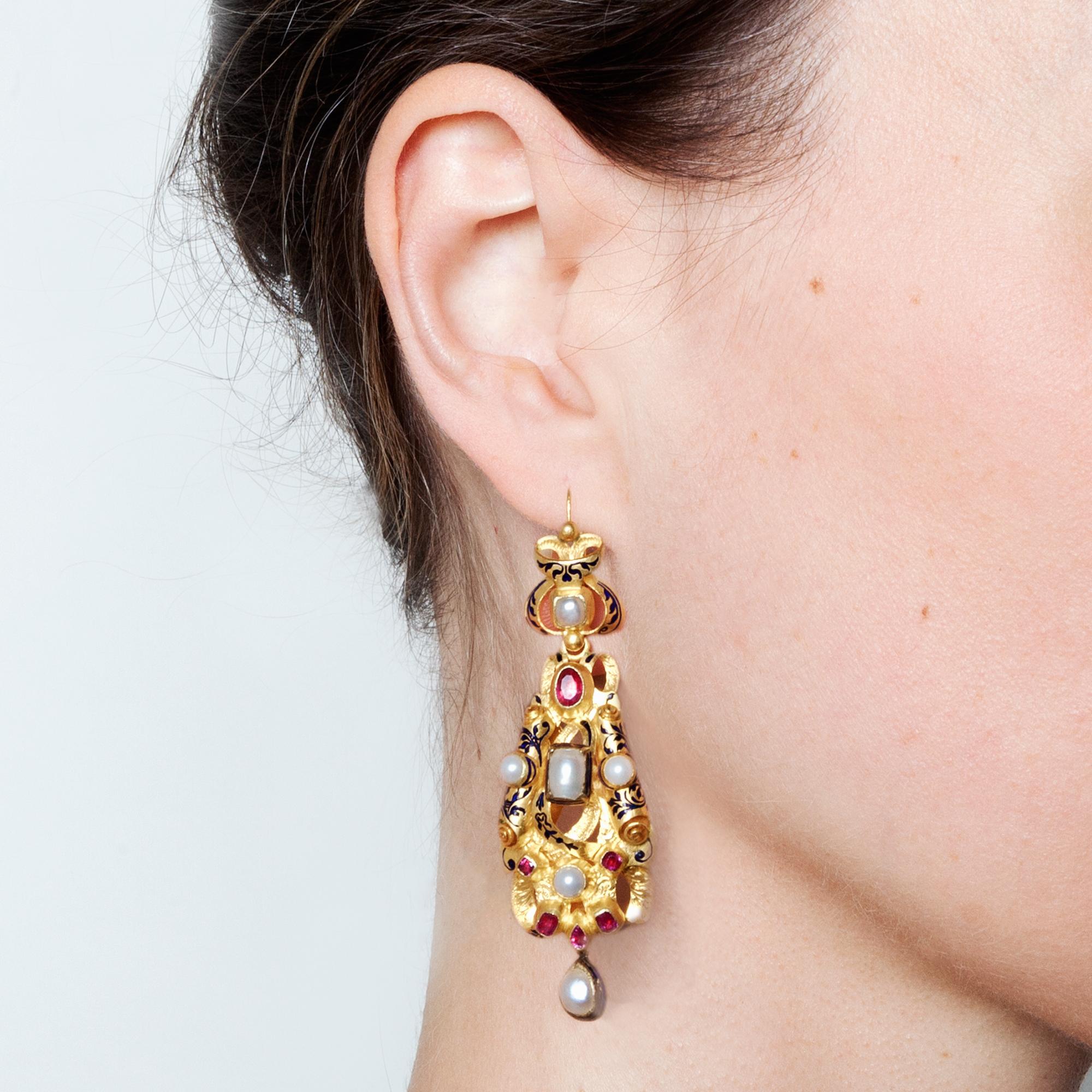 Victorian circa 1845, Parure Set of Ruby Pearl Gold Earrings Necklace ...