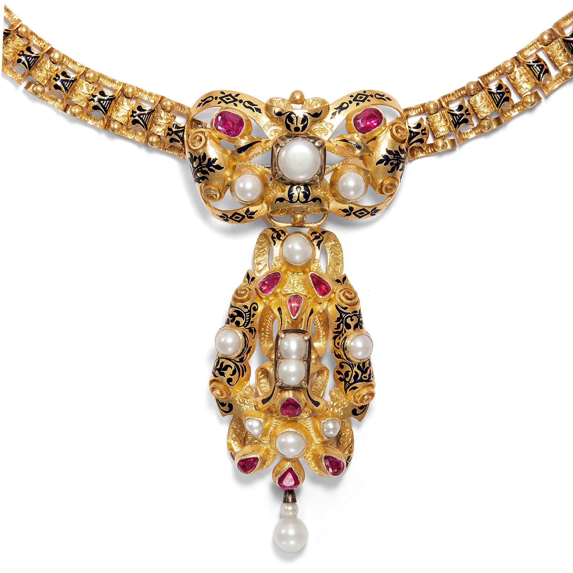 Victorian circa 1845, Parure Set of Ruby Pearl Gold Earrings Necklace ...