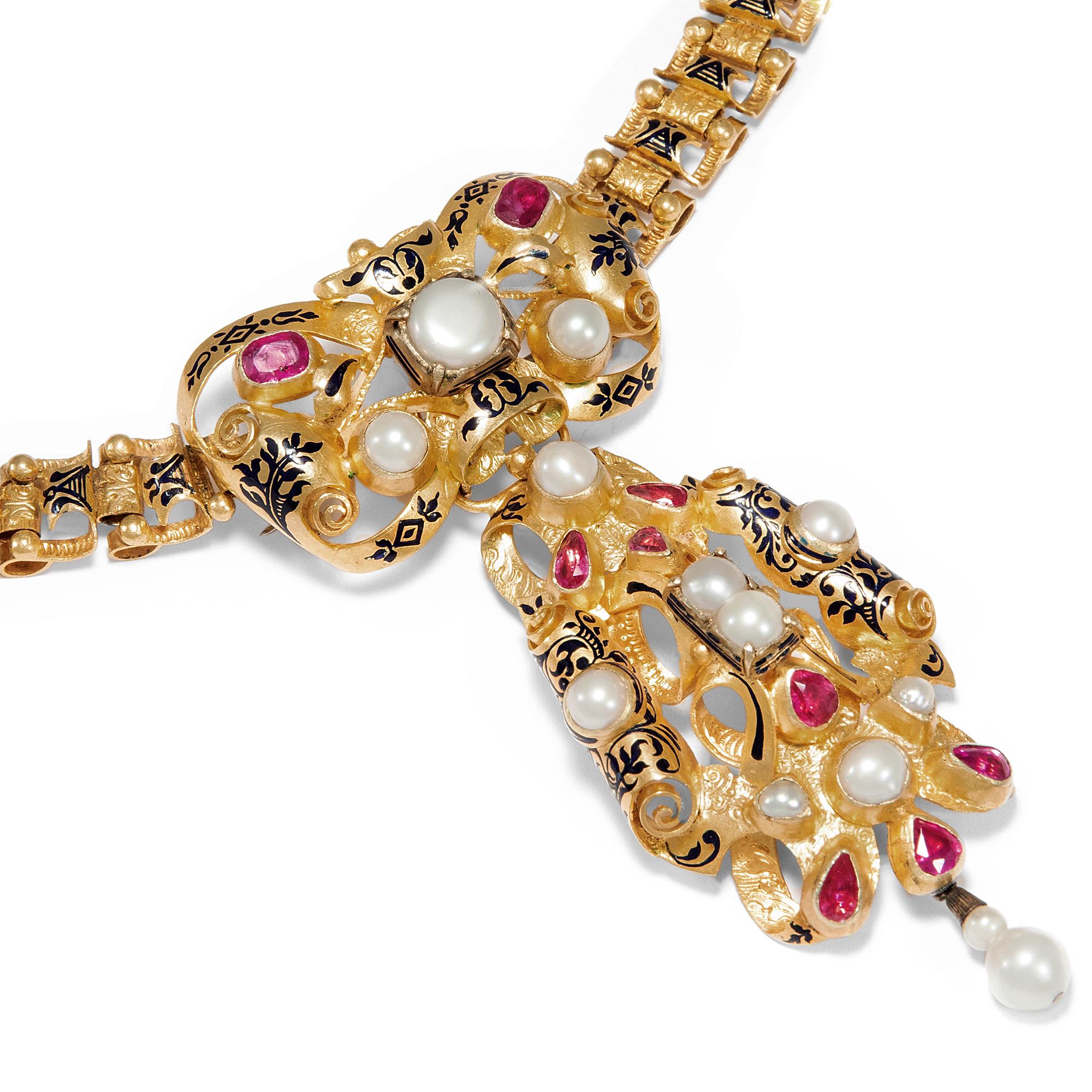 Victorian circa 1845, Parure Set of Ruby Pearl Gold Earrings Necklace ...