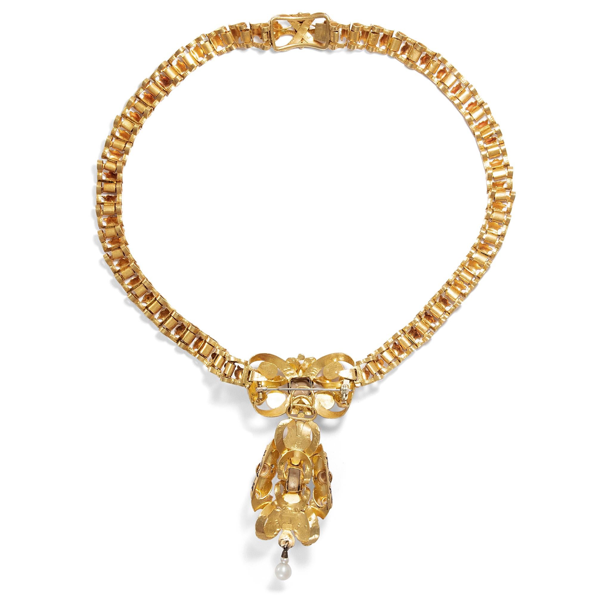 Victorian circa 1845, Parure Set of Ruby Pearl Gold Earrings Necklace ...