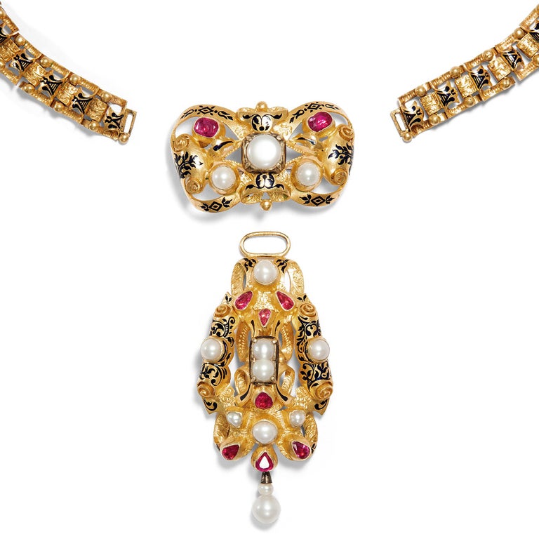 Victorian circa 1845, Parure Set of Ruby Pearl Gold Earrings Necklace ...