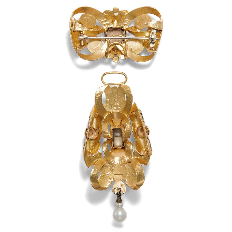 Victorian circa 1845, Parure Set of Ruby Pearl Gold Earrings Necklace ...