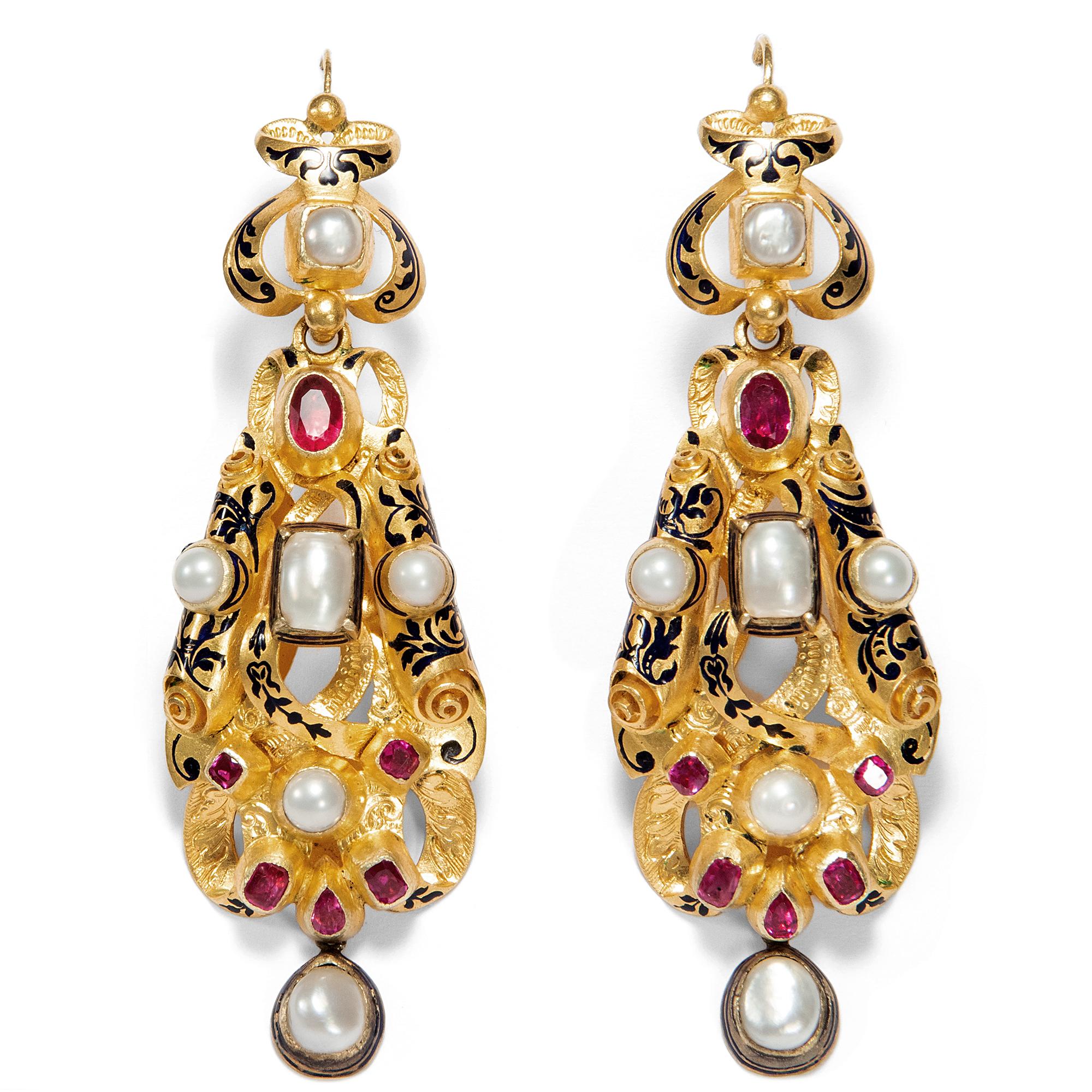 Victorian circa 1845, Parure Set of Ruby Pearl Gold Earrings Necklace ...